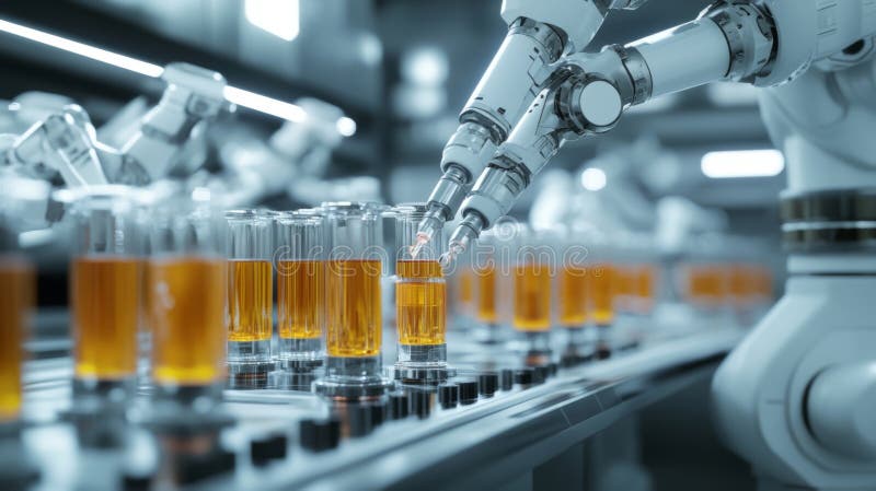 Robotic Arm Dispensing Liquid into Glass Containers Stock Illustration ...