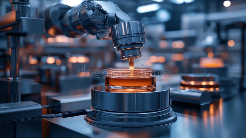 Robotic Arm Dispensing Liquid into a Jar on an Assembly Line Stock ...