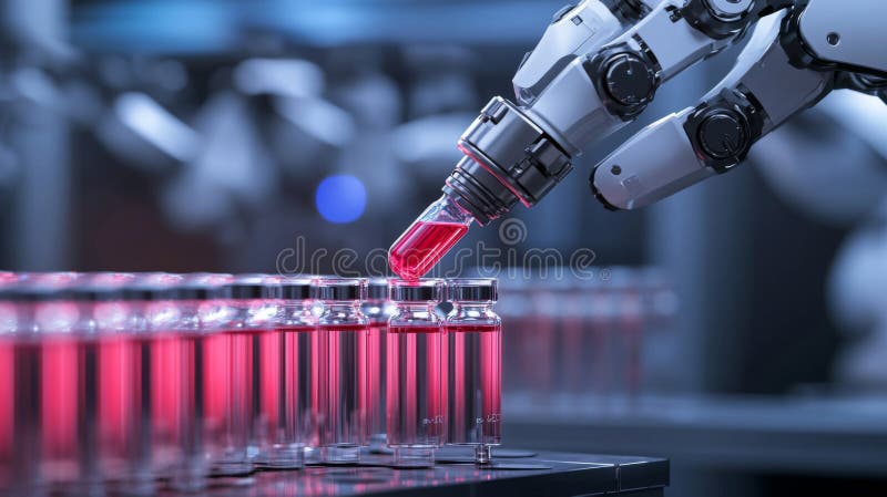 Robotic Arm Dispensing Red Liquid into Vials Stock Illustration ...