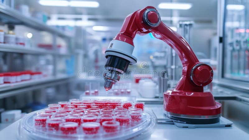Robotic Arm Dispensing Red Samples in a Laboratory Stock Illustration ...