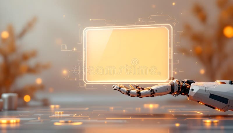 Robotic Arm Displaying Warm-toned Holographic Screen with Digital ...