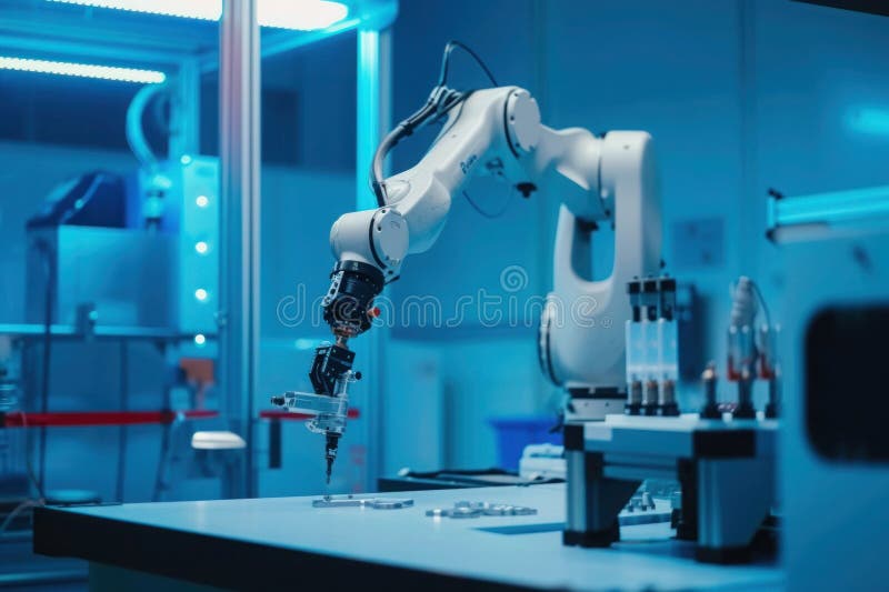 A Robotic Arm in Electric Blue Sits on a Lab Table Stock Illustration ...