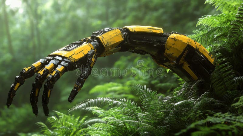 Robotic Arm Emerging from Lush Green Jungle Stock Illustration ...