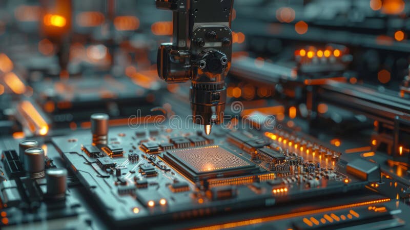 A Robotic Arm is Engaged in Precision Work on an Electronic Circuit ...