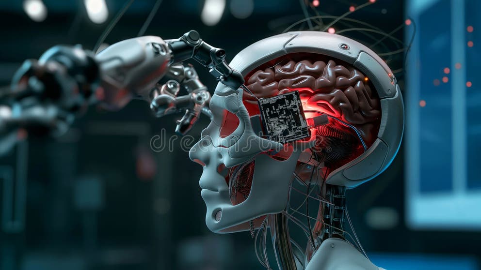Robotic Arm Enhancing a Brain with Implanted Chip Inside a Cyborg Skull ...