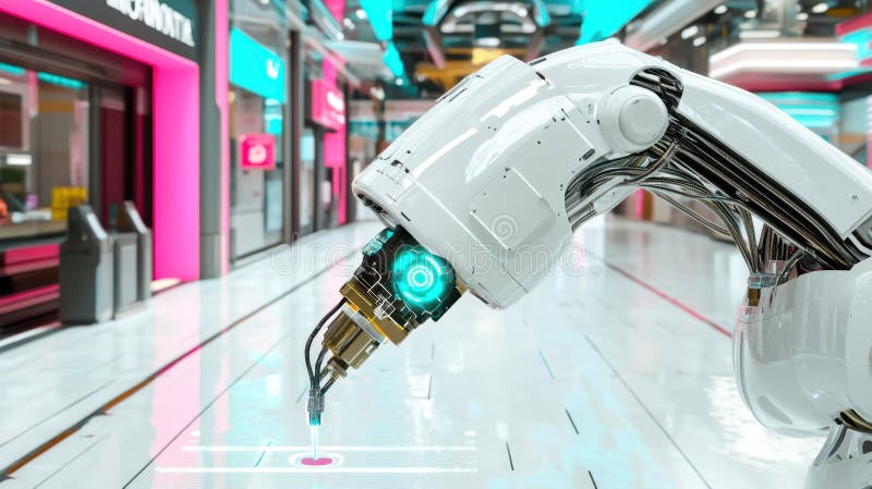 A Robotic Arm Equipped with a Green Light Operates within a Modern ...