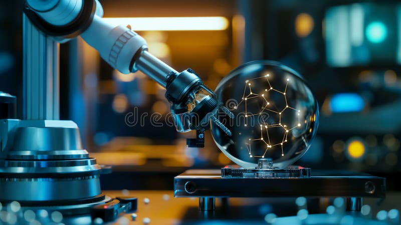 A Robotic Arm Examines a Molecular Structure within a Glass Sphere in a ...