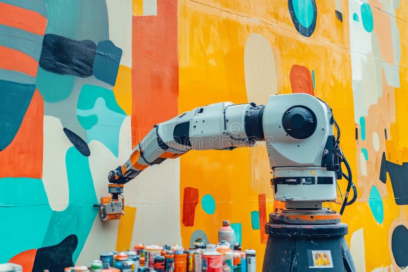 A Robotic Arm Expertly Painting a Colorful Mural on a Wall. the Machine ...