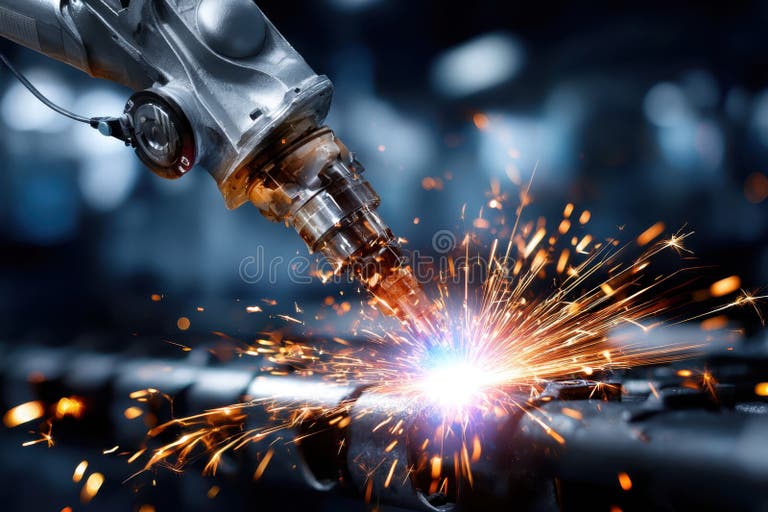 Robotic Welding Process Generating Sparks in a Modern Manufacturing ...
