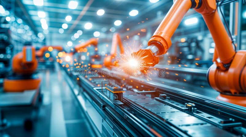 A Robotic Arm Expertly Welds Components on a Busy Production Line ...