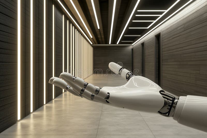 A Robotic Arm Extending in a Modern Hallway with Illuminated Wall and ...