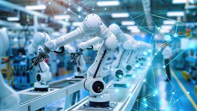 Robotic Arm in a Factory with a Network of Connections. Stock Photo ...