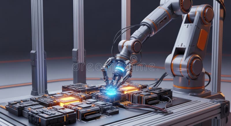 Robotic Arm with Glowing Energy Analyzing an Arrangement of Microchips ...