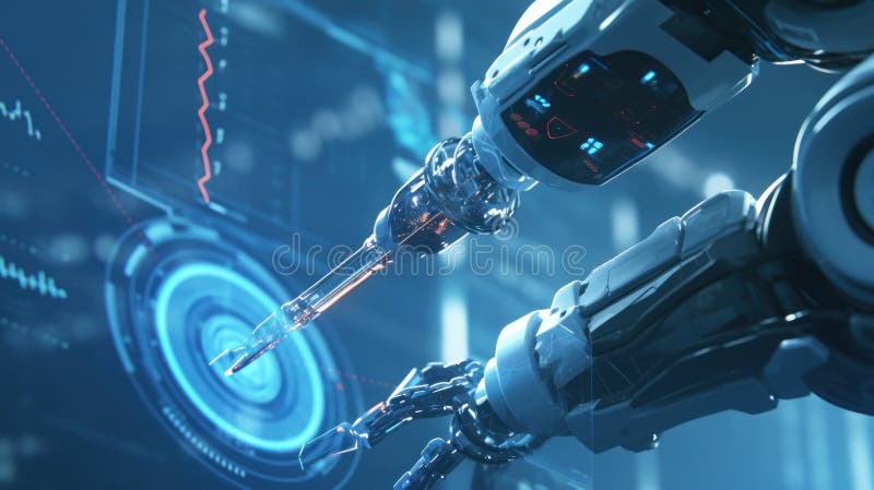 A Robotic Arm with a Glowing Red Tip, Points To a Glowing Blue Circle ...