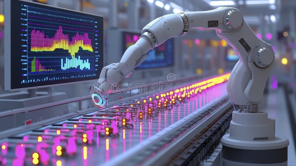 Robotic Arm with Graphs and Data in Vibrant Colors Stock Illustration ...