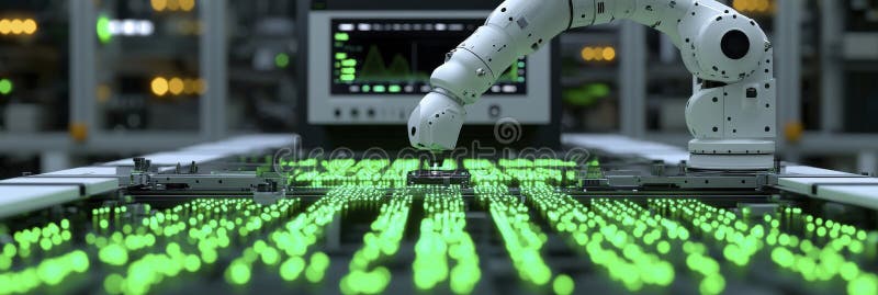 Robotic Arm with Green Lights on Digital Assembly Line Stock ...