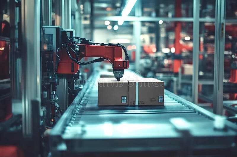 Robotic Arm Handling Cardboard Boxes on Conveyor Belt in Distribution ... Robotic Arm Handling Cardboard Boxes on Conveyor Belt in Distribution ...