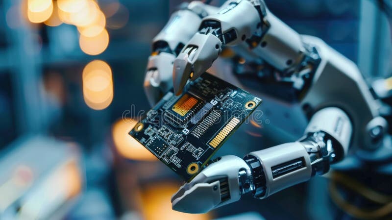 Robotic Arm Handling Microchip on Circuit Board. Futuristic Technology ...