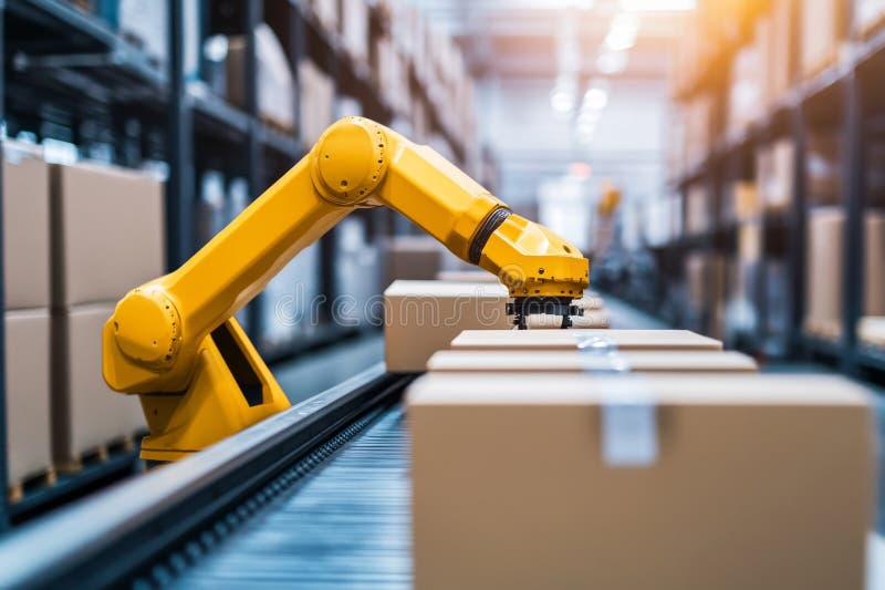 A Robotic Arm is Handling a Package that is on a Conveyor Belt in a ...