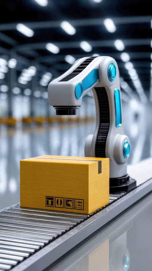 Robotic Arm Handling Package on Conveyor in Modern Warehouse Stock Illustration - Illustration ...