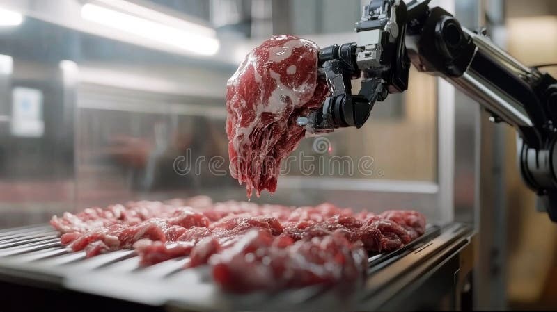 Robotic Arm Handling Raw Meat in a High-tech Food Processing Facility ...