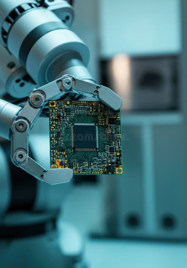 Robotic Arm Holding a Circuit Board in a Modern Technology Environment ...
