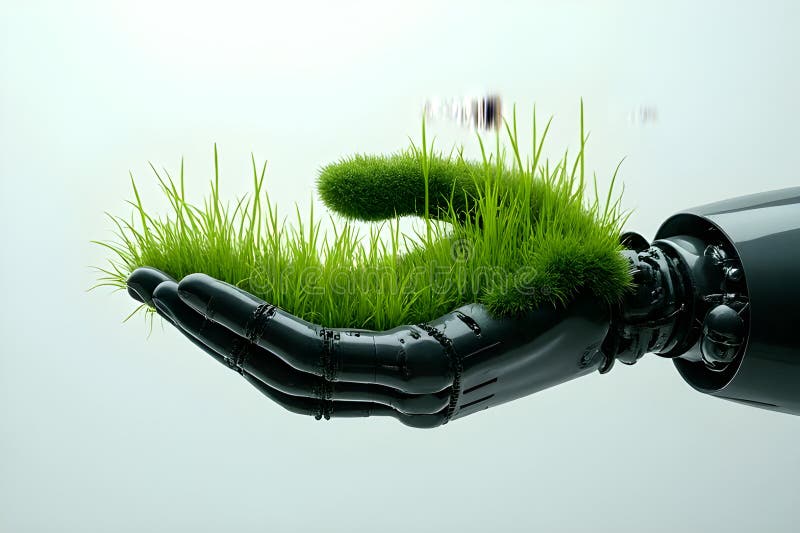 Robotic Arm Holding Green Grass Symbolizing Environmental Protection ...