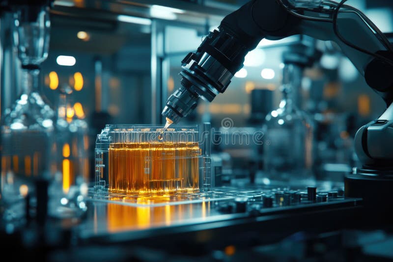 A Robotic Arm Holds a Glass Filled with Liquid in a Scientific or ...