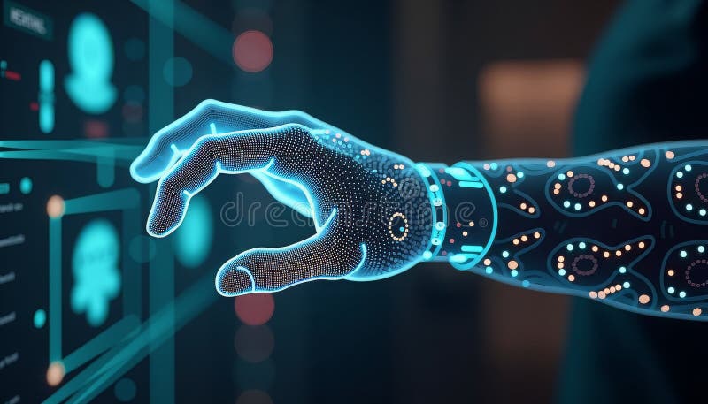 A Robotic Arm with Holographic Elements on the Background of a Digital ...