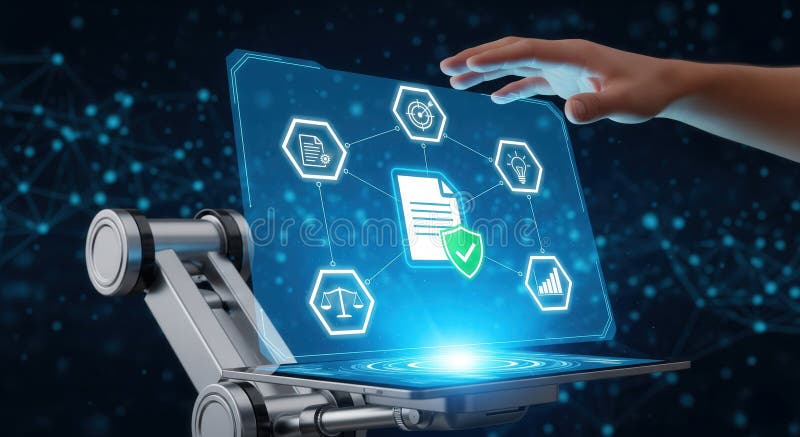 Robotic Arm and Human Hand Interact with a Glowing Digital Interface, Symbolizing Secure ...