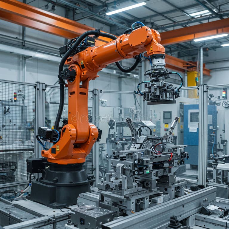 Robotic Arm in an Industrial Setting, Colored Orange, Performs ...