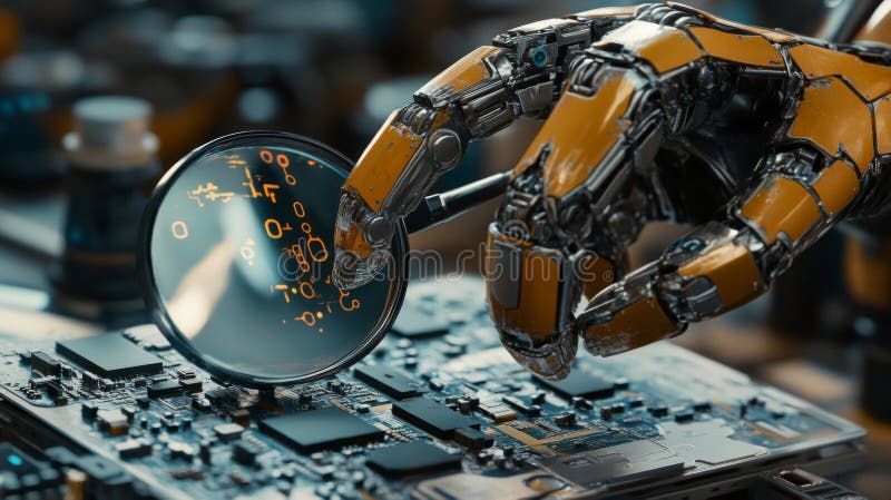 Robotic Arm Inspecting Circuit Board with Magnifying Glass Stock ...