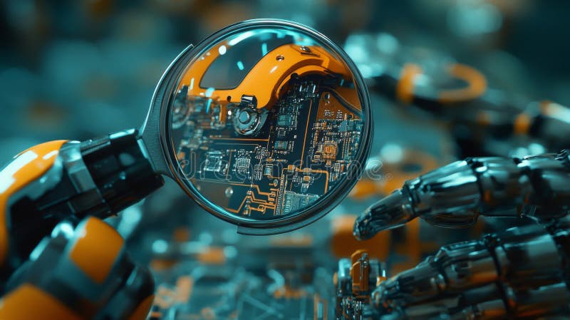 Robotic Arm Inspecting Circuit Board through Magnifying Glass Stock ...