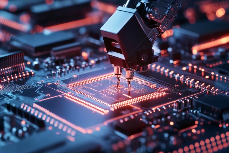 Robotic Arm Installing a Cpu on a Motherboard Illuminated with Red ...