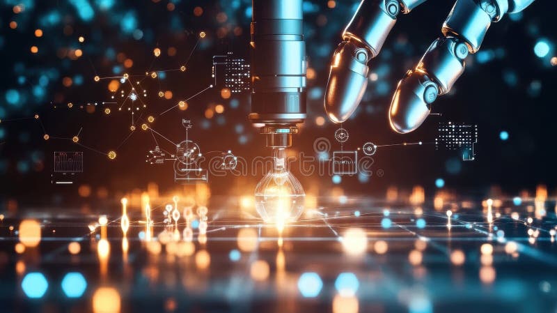 Robotic Arm Installing Light Bulb Symbolizing Innovative Manufacturing ...