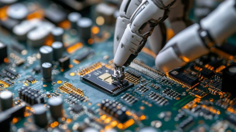 Robotic Arm Installing Microprocessor on Circuit Board Stock ...