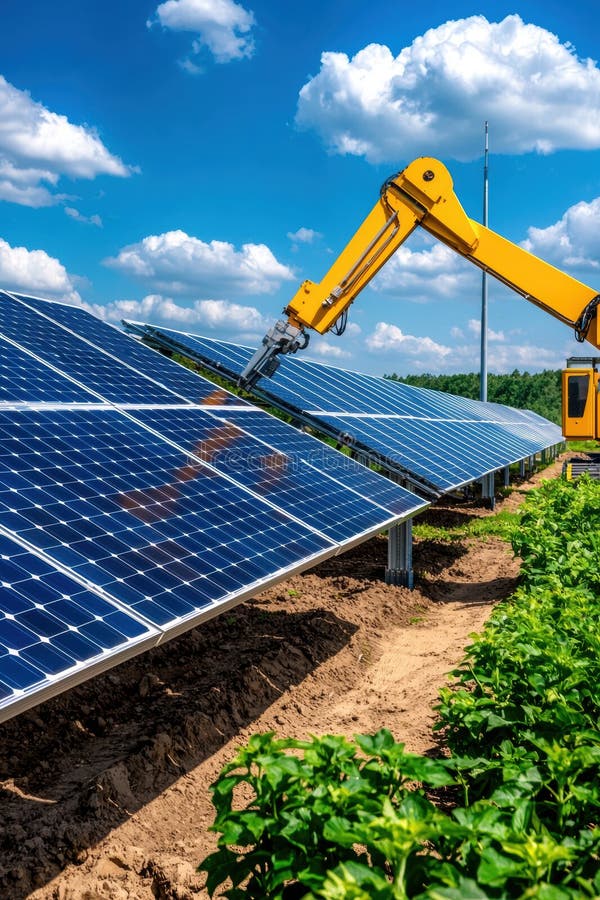Robotic Arm Installing Solar Panels in Large Scale Solar Energy Plant ...