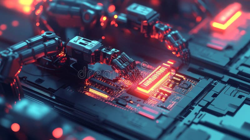 Robotic Arm Interacting with Circuitry in a Futuristic Setting Stock ...