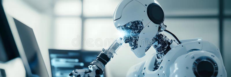 Robotic Arm Interacting with Computer in Laboratory Setting Stock ...