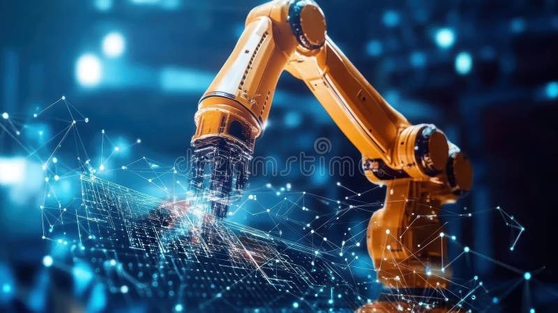 Robotic Arm Interacting with Digital Data in Manufacturing Stock Image - Image of automated ...