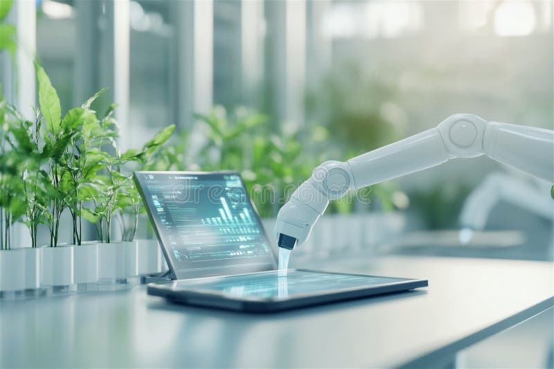 A Robotic Arm Interacting with a Digital Tablet in a Bright Workspace ...