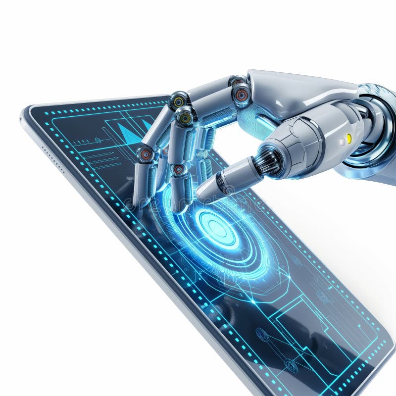 Robotic Arm Interacting with Digital Tablet Interface Stock Photo ...