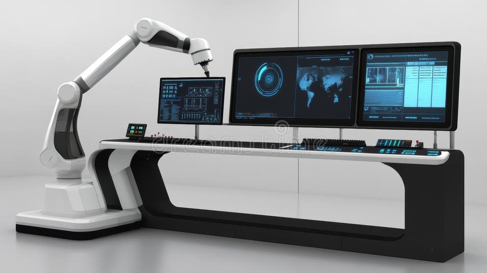Robotic Arm Interacting with Futuristic Computer Control Panel Stock ...