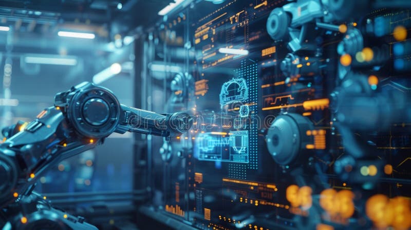 Robotic Arm Interacting with Futuristic Hud in Advanced Technological ...