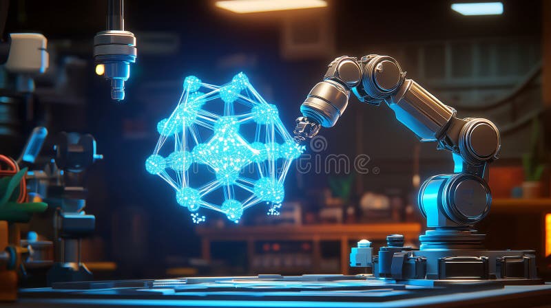 Robotic Arm Interacting with Glowing Polygonal Shape in Futuristic Lab ...