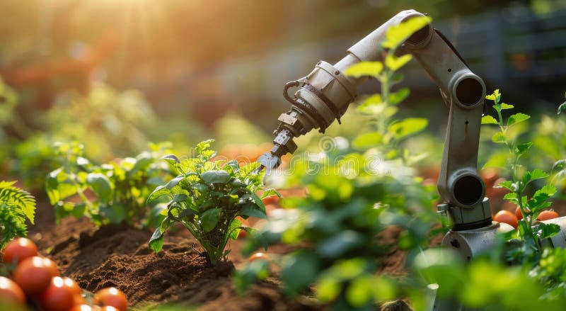Robotic Arm Interacting with Greenery in a Garden Setting Stock Photo ...