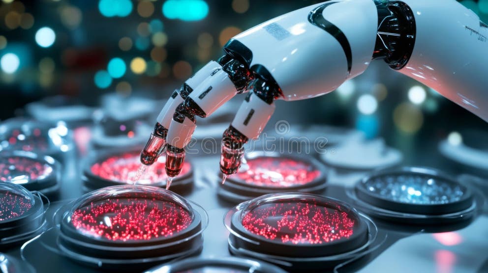 Robotic Arm Interacting with Illuminated Sample Dishes Stock ...