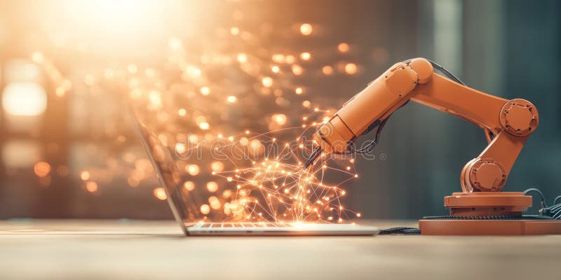 A Robotic Arm Interacts with a Laptop, Creating a Dynamic Fusion of ...