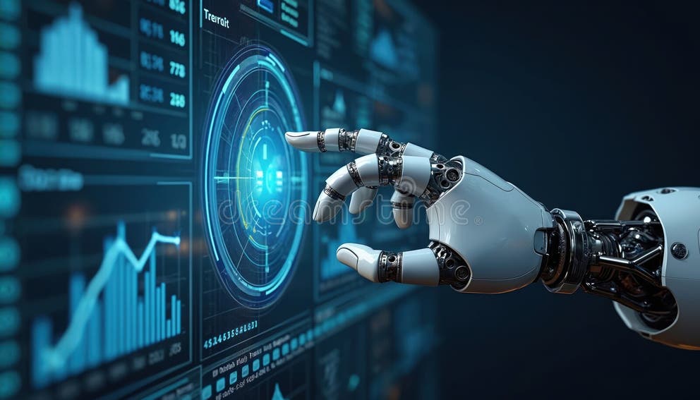 Robotic Arm Interacts with Virtual Screen Displaying Business Data ...