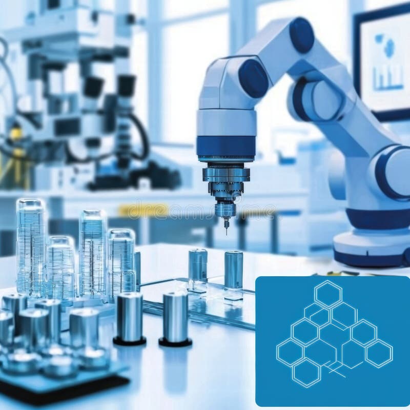 Robotic Arm in Laboratory with Glassware and Technical Equipment Stock ...